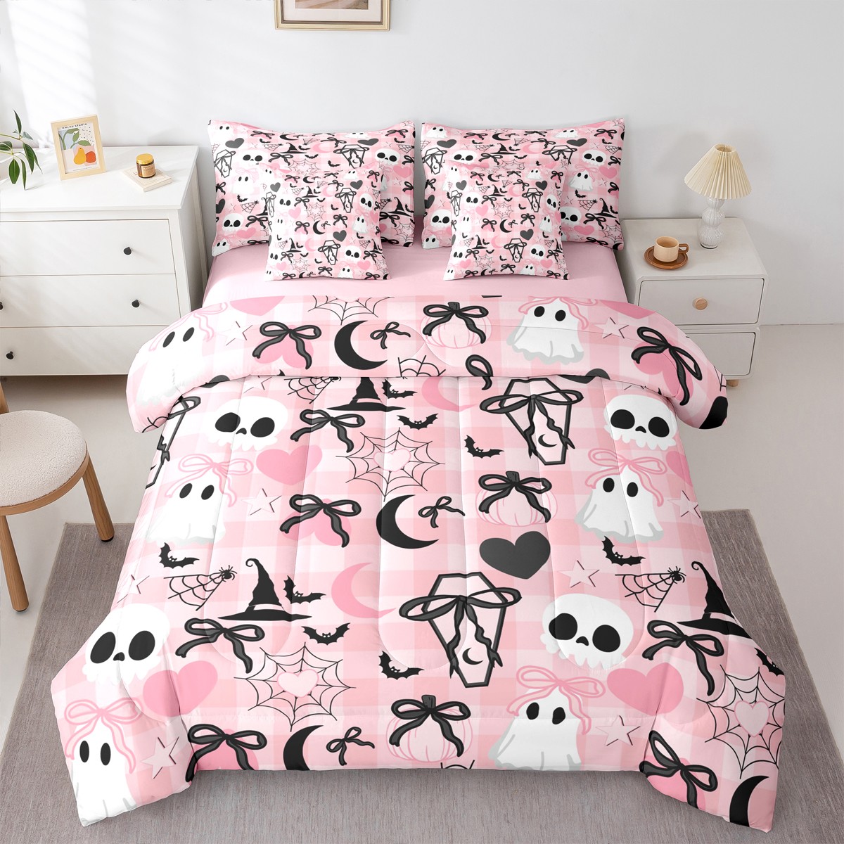 Manfei Kawaii Halloween Ghost 7-Piece Twin Bedding Sets,Black Bowtie ...