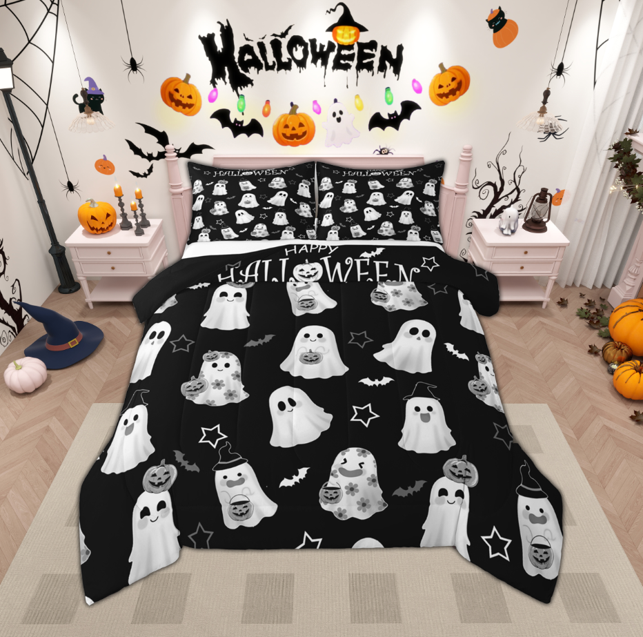 Manfei Kawaii Halloween Ghost Bedding Comforter Set for Kids, Stars ...