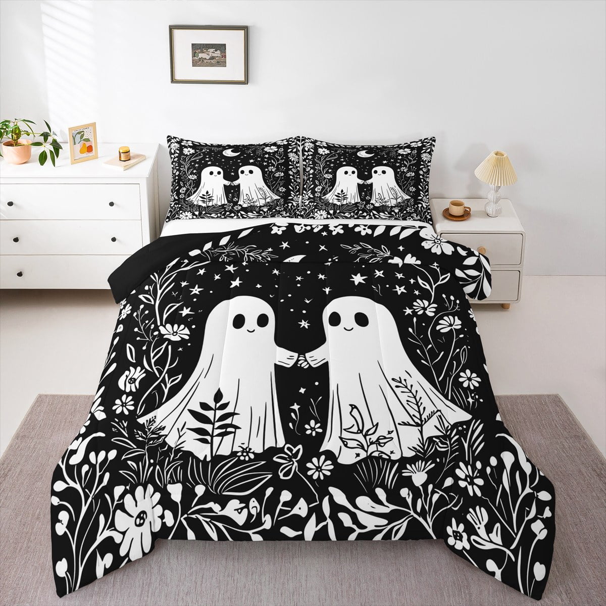 Manfei Kawaii Halloween Ghost Bedding Comforter Set,Sketch Flower ...