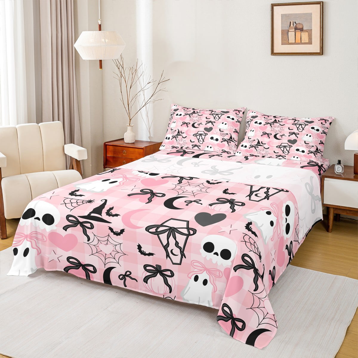 Manfei Kawaii Halloween Ghost Full Size Sheets,Black Bowtie Ribbon Bed ...