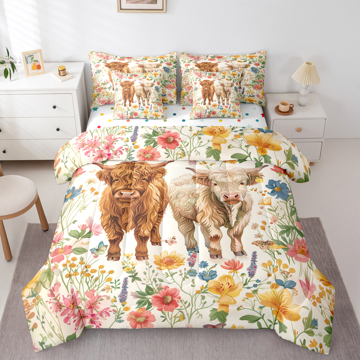 Manfei Kawaii Highland Cow 7-Piece Twin Bedding Sets,Rustic Farmhouse ...