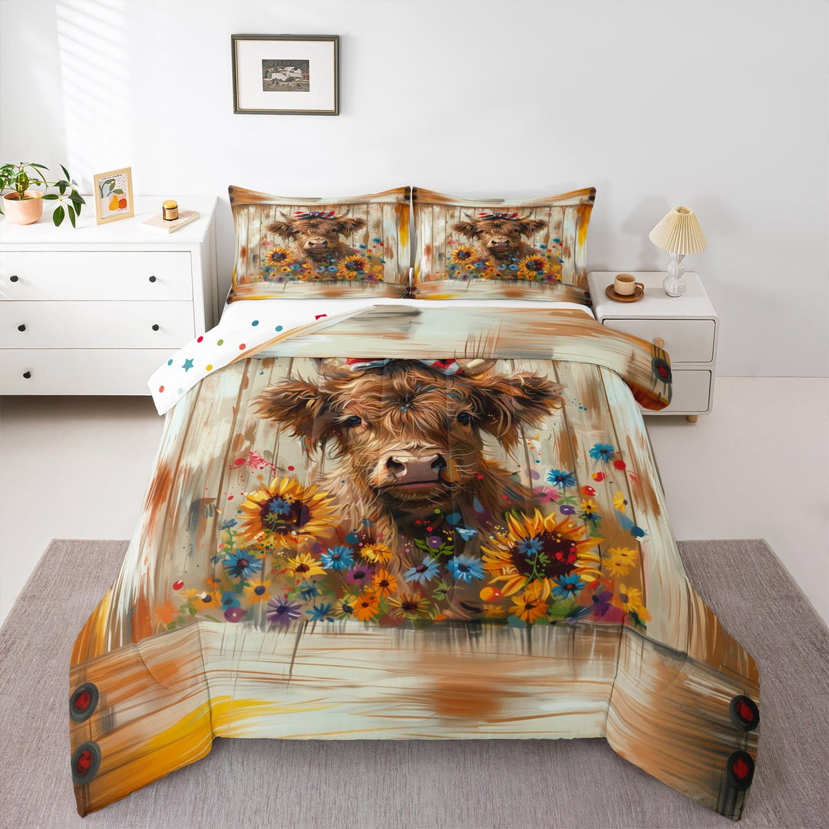 Manfei Kawaii Highland Cow Full Size Comforter Sets,Colorful Flower Sunflower Bedding Comforter ...