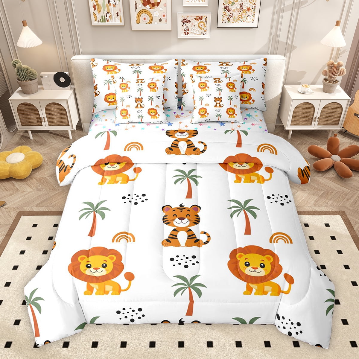 Homewish Kawaii Jungle Lion Bedding Comforter Set 7 Pieces for Kids ...