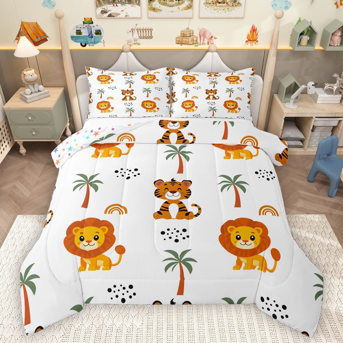 Homewish Kawaii Jungle Lion Bedding Comforter Set for Kids, Cartoon ...