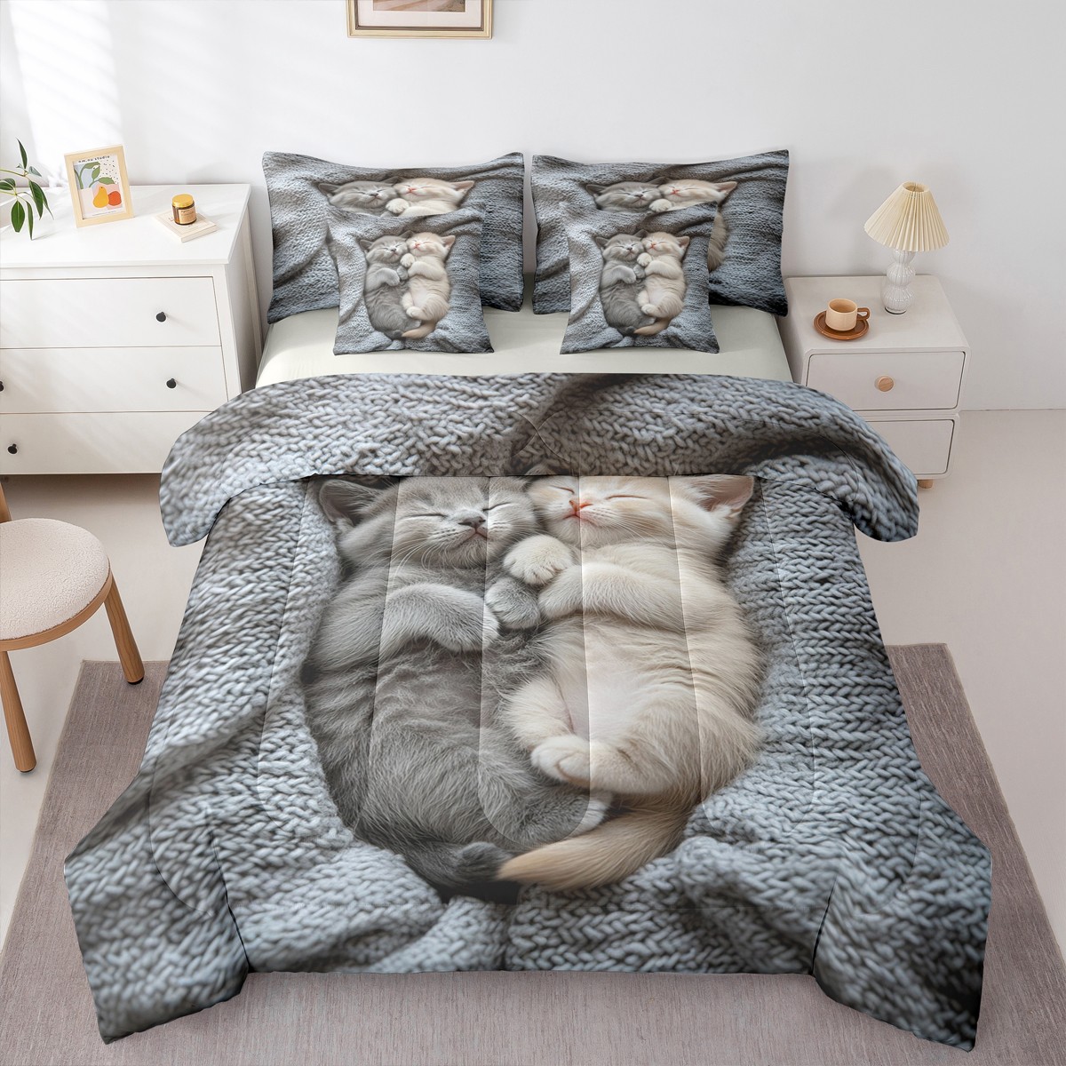 Manfei Kawaii Kitten Bedding Comforter Set 7pcs, Cute Cat Animal Queen ...