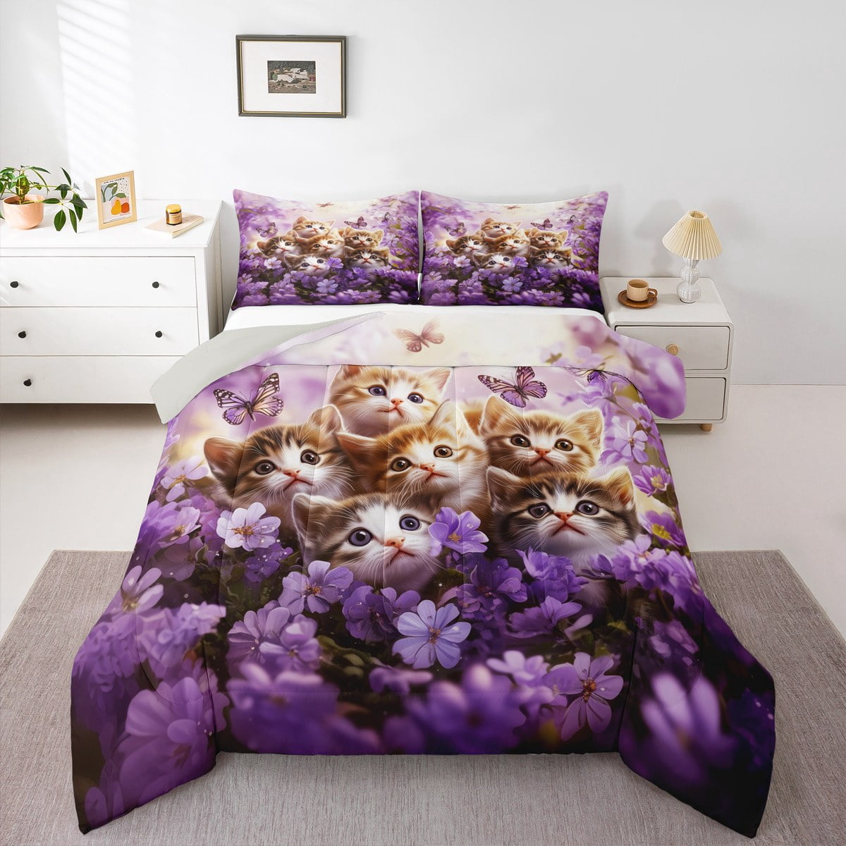 Manfei Kawaii Kitten Bedding Comforter Set,Purple Flower Butterfly Twin ...