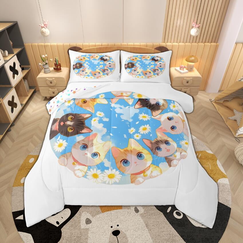 Manfei Kawaii Kitten Cat Bedding Comforter Set, Girls Pet Lovers Twin ...