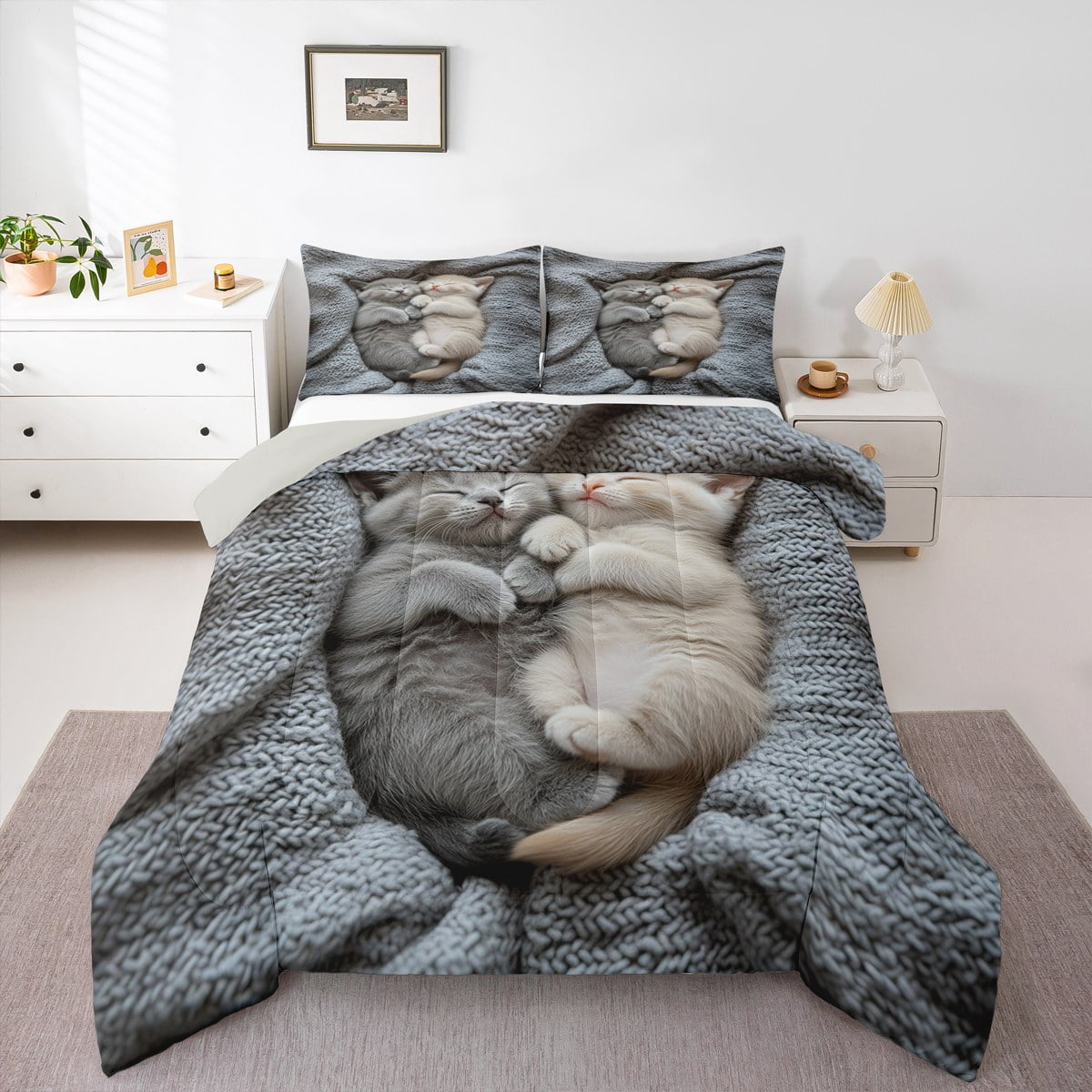 Manfei Kawaii Kitten Queen Comforter Set, Cute Cat Animal Bedding Sets ...