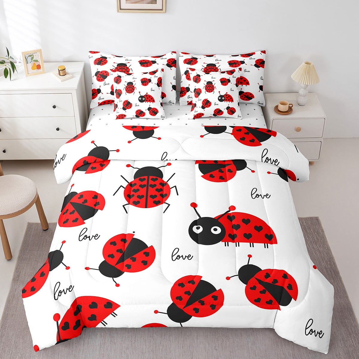 Feelyou Kawaii Ladybug Bedding Comforter Set 7-Piece, Cute Insect King ...