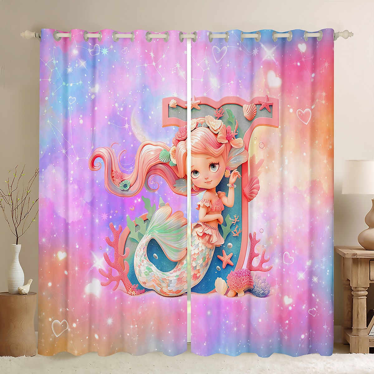 Manfei Kawaii Mermaid Blackout Curtains Set of 2 (38x54 Each),Rainbow ...