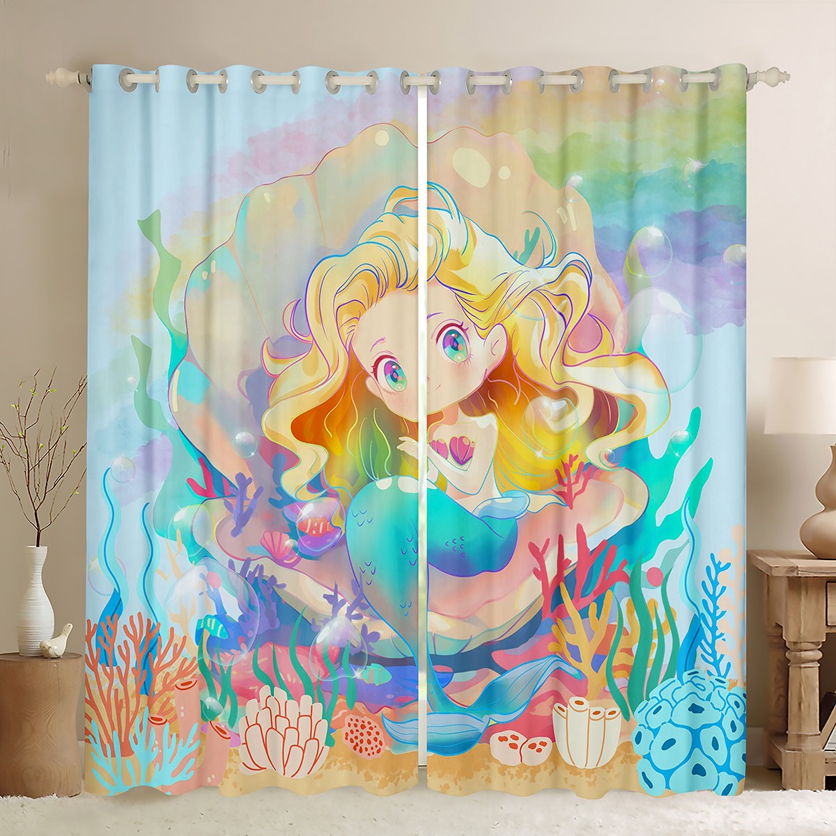 Feelyou Kawaii Mermaid Blackout Curtains Set of 2 (52x84 Each), Ocean ...