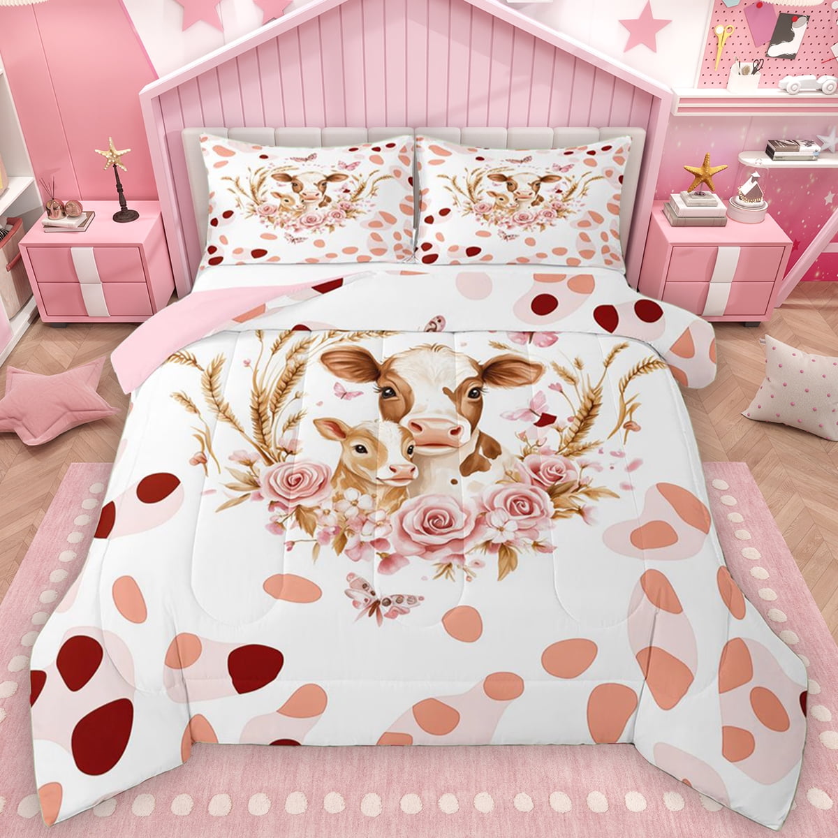 Manfei Kawaii Milk Cow Full Size Comforter Sets for Kids, Pink Romatic ...