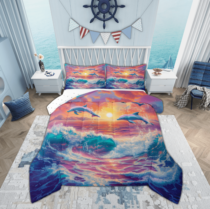 Manfei Kawaii Ocean Dolphin Bedding Queen Comforter Set, Romantic ...