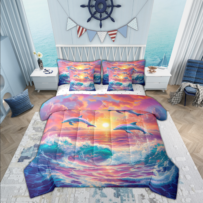 Manfei Kawaii Ocean Dolphin Bedding Sets Full Size, Romantic Sunset Bed in a Bag Full size, Cute ...