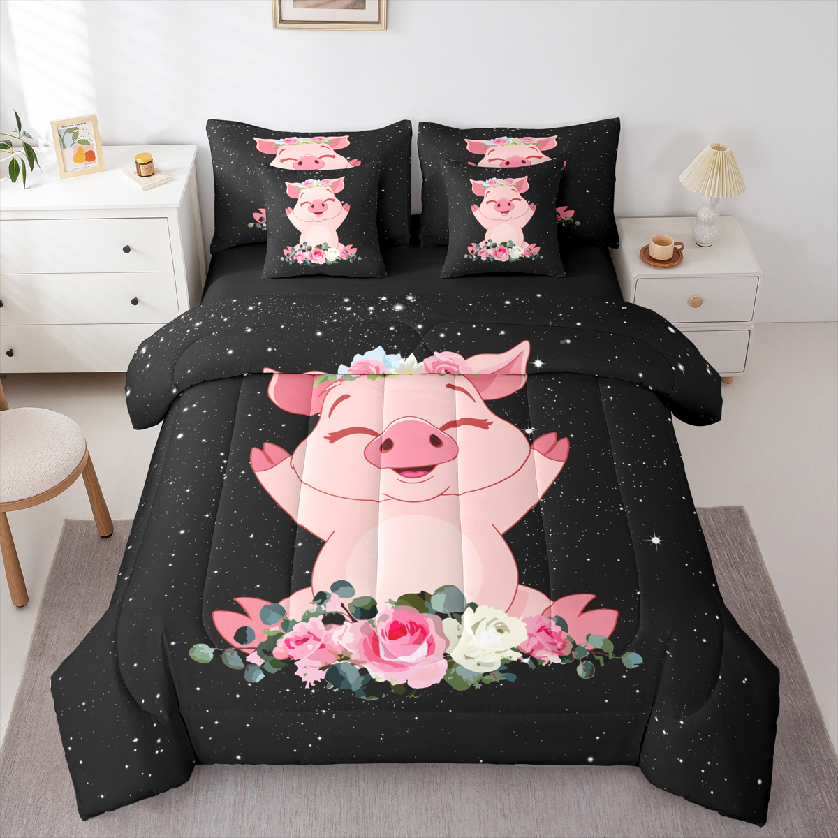 Manfei Kawaii Pig 7pcs Bedding Comforter Set,Rustic Flower Floral Queen ...