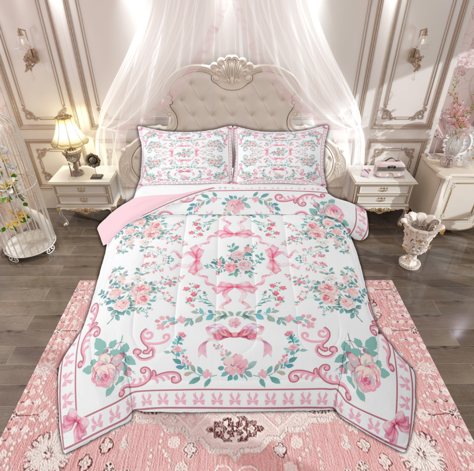 Manfei Kawaii Pink Bowknot Queen Comforter Set for Girls, Romantic Rose ...