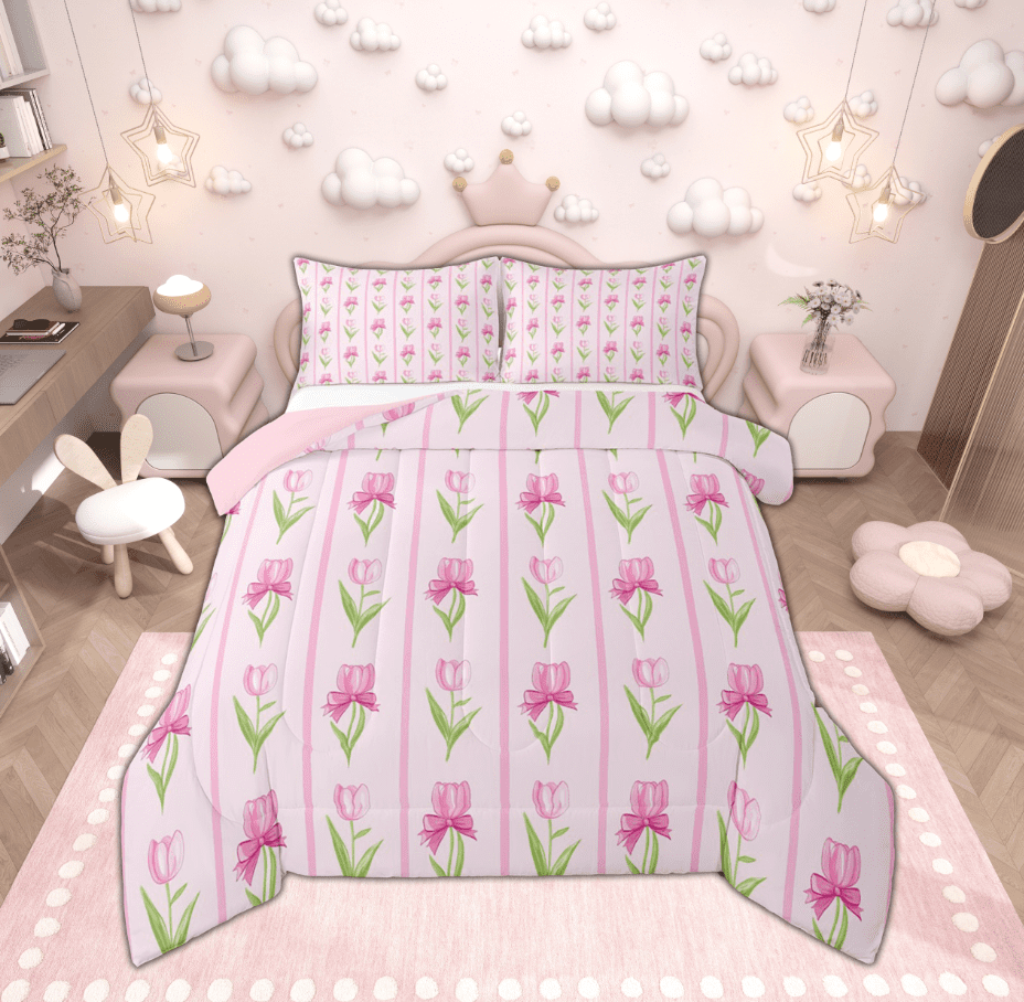 Manfei Kawaii Pink Flower Full Size Comforter Sets, Princess Tulip ...