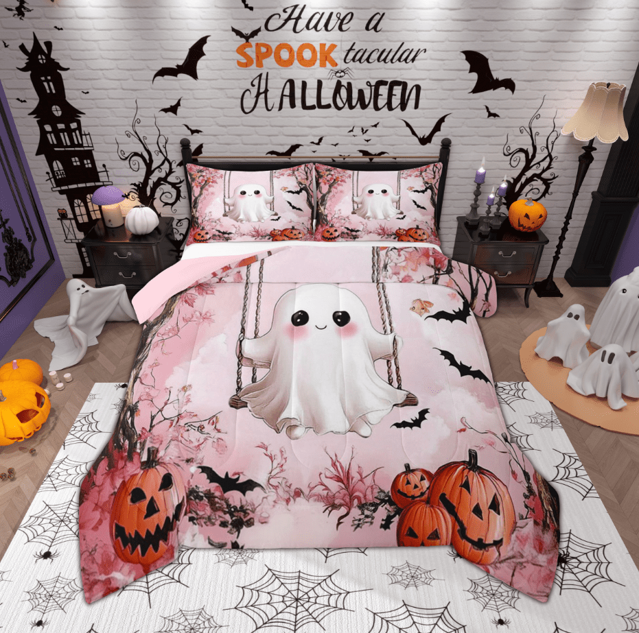 Manfei Kawaii Pink Ghost Bedding Comforter Set for Kid, Halloween ...