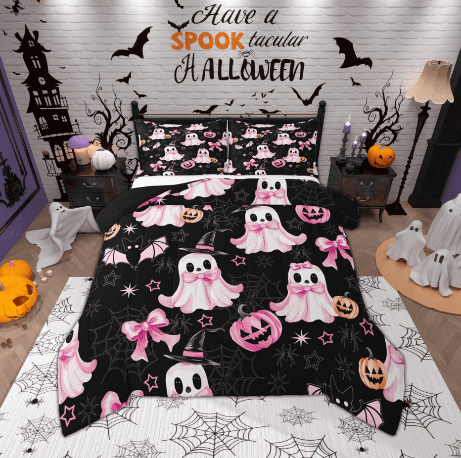 Manfei Kawaii Pink Ghost Bedding Comforter Set for Kids, Princess ...
