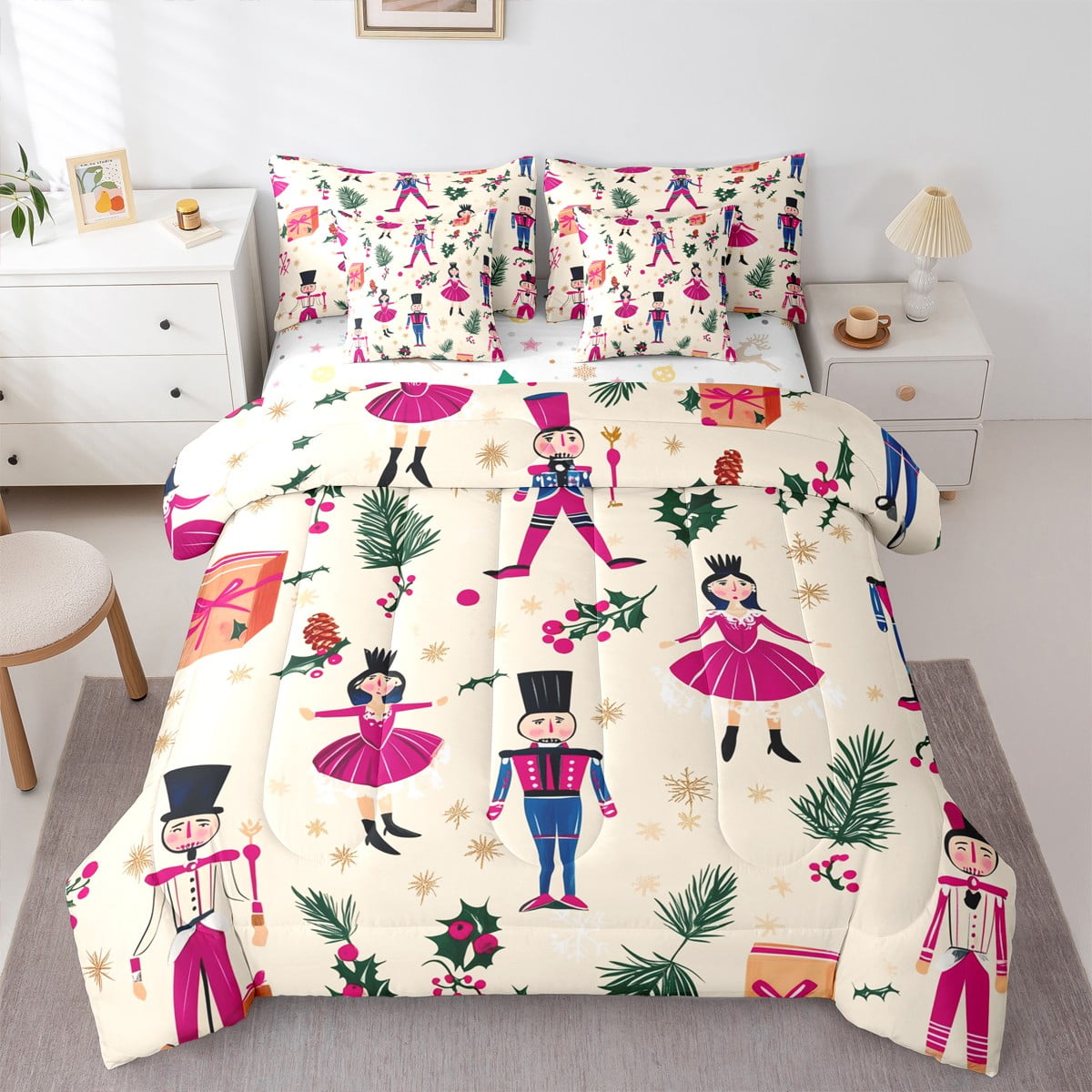 Manfei Kawaii Pink Nutcracker Bedding Comforter Set 7pcs, Christmas ...