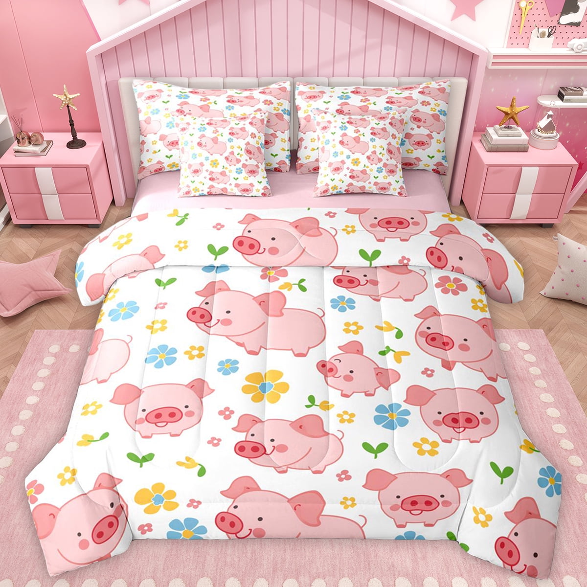 Manfei Kawaii Pink Pig Bedding Comforter Set 7pcs for Kids, Cute Farm ...