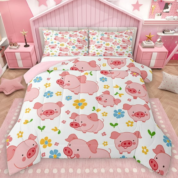 Manfei Kawaii Pink Pig Queen Comforter Set for Kids, Cute Farm Animal ...