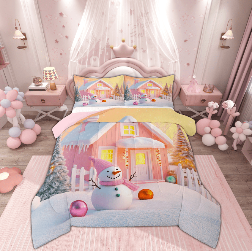 Manfei Kawaii Pink Snowman Queen Comforter Set for Kids, Princess ...
