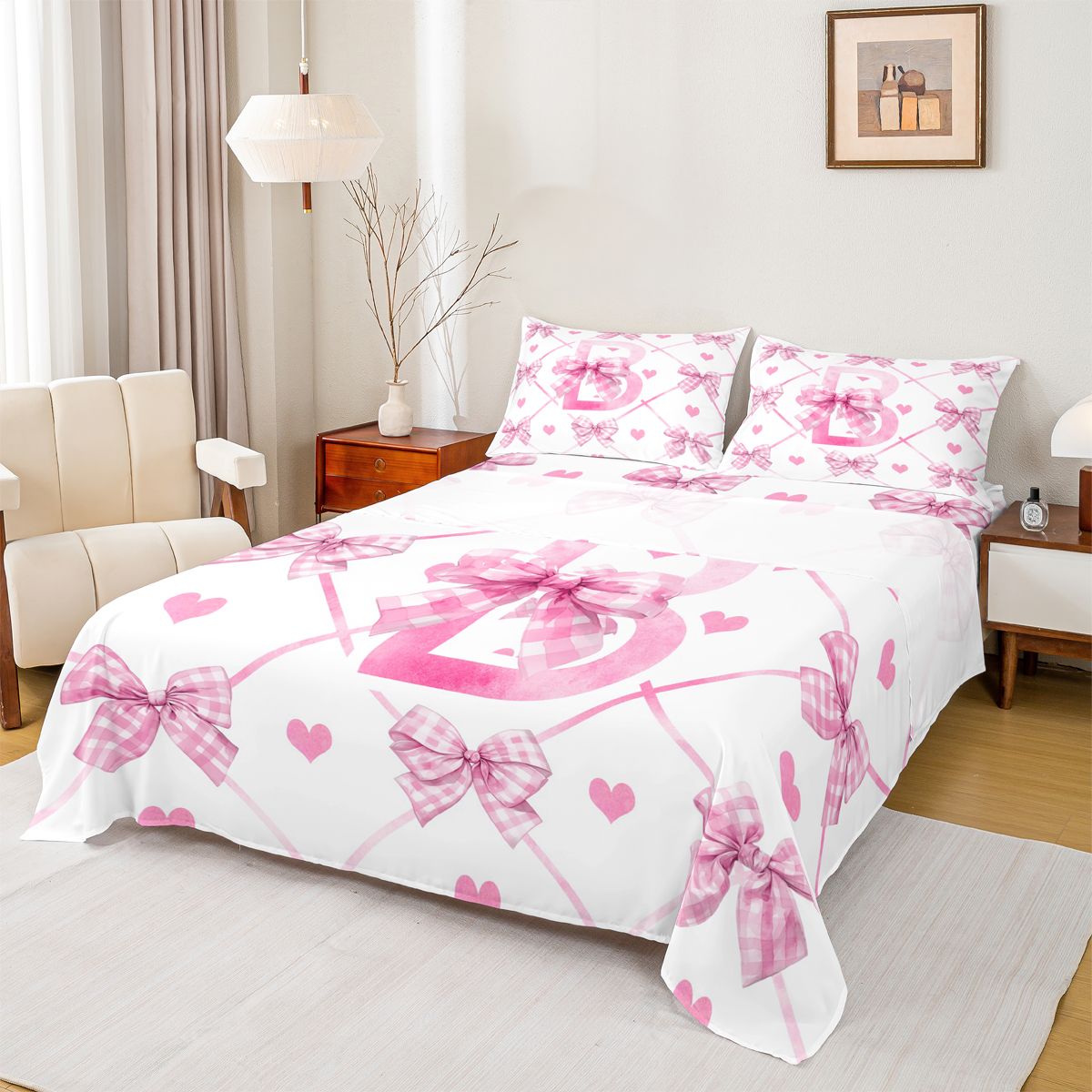 Homewish Kawaii Princess Letter B Full Size Sheets, Girly Pink Buffalo ...