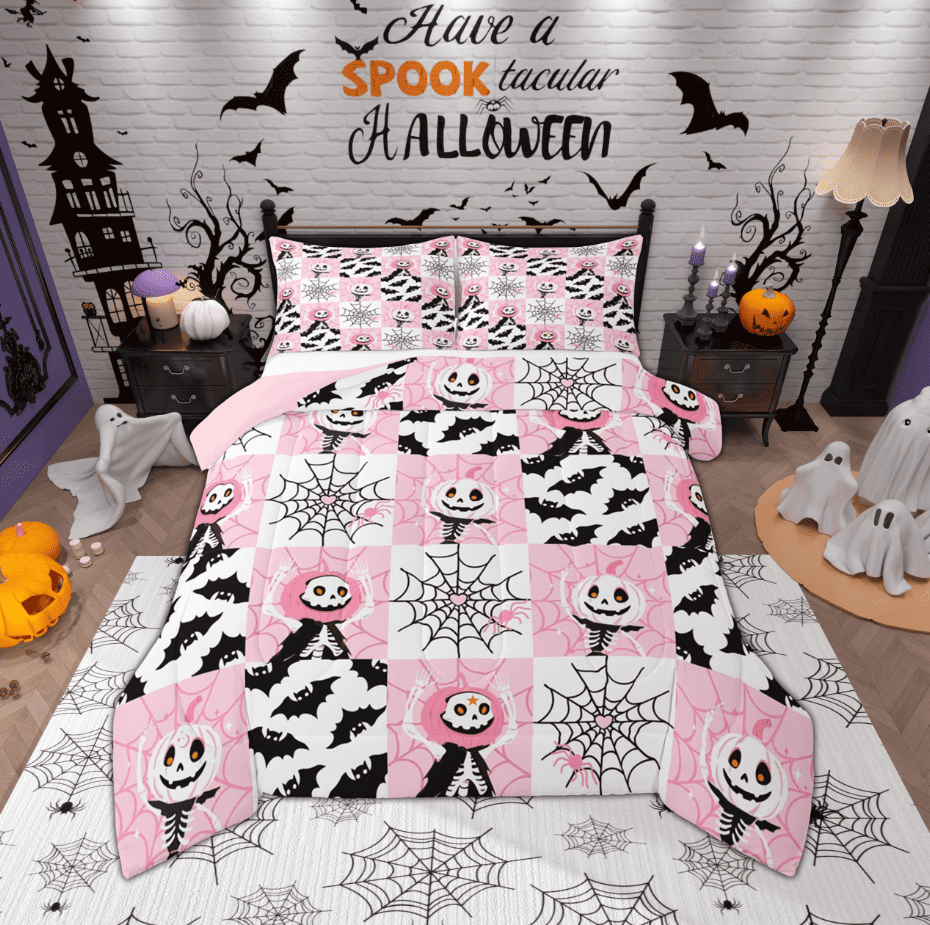 Manfei Kawaii Pumpkin Bat Queen Comforter Set for Teen, Pink Stripes ...