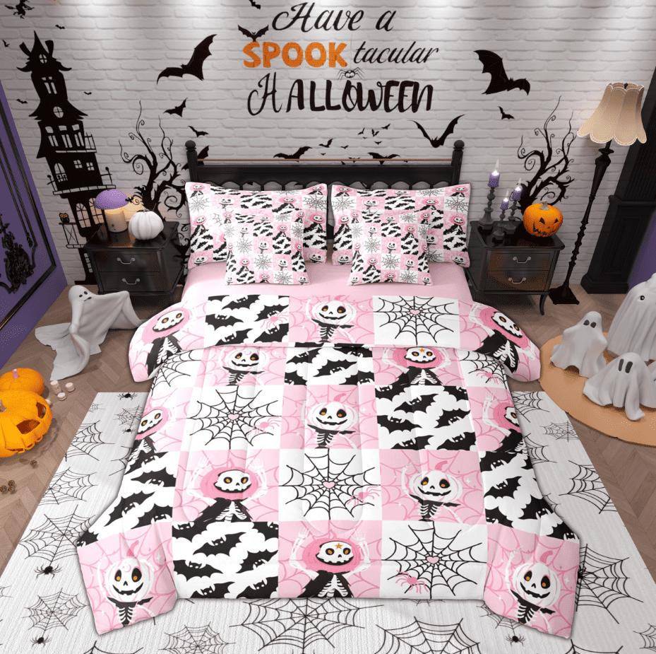 Manfei Kawaii Pumpkin Bat Twin Bedding Sets 7-Piece for Teen, Pink ...