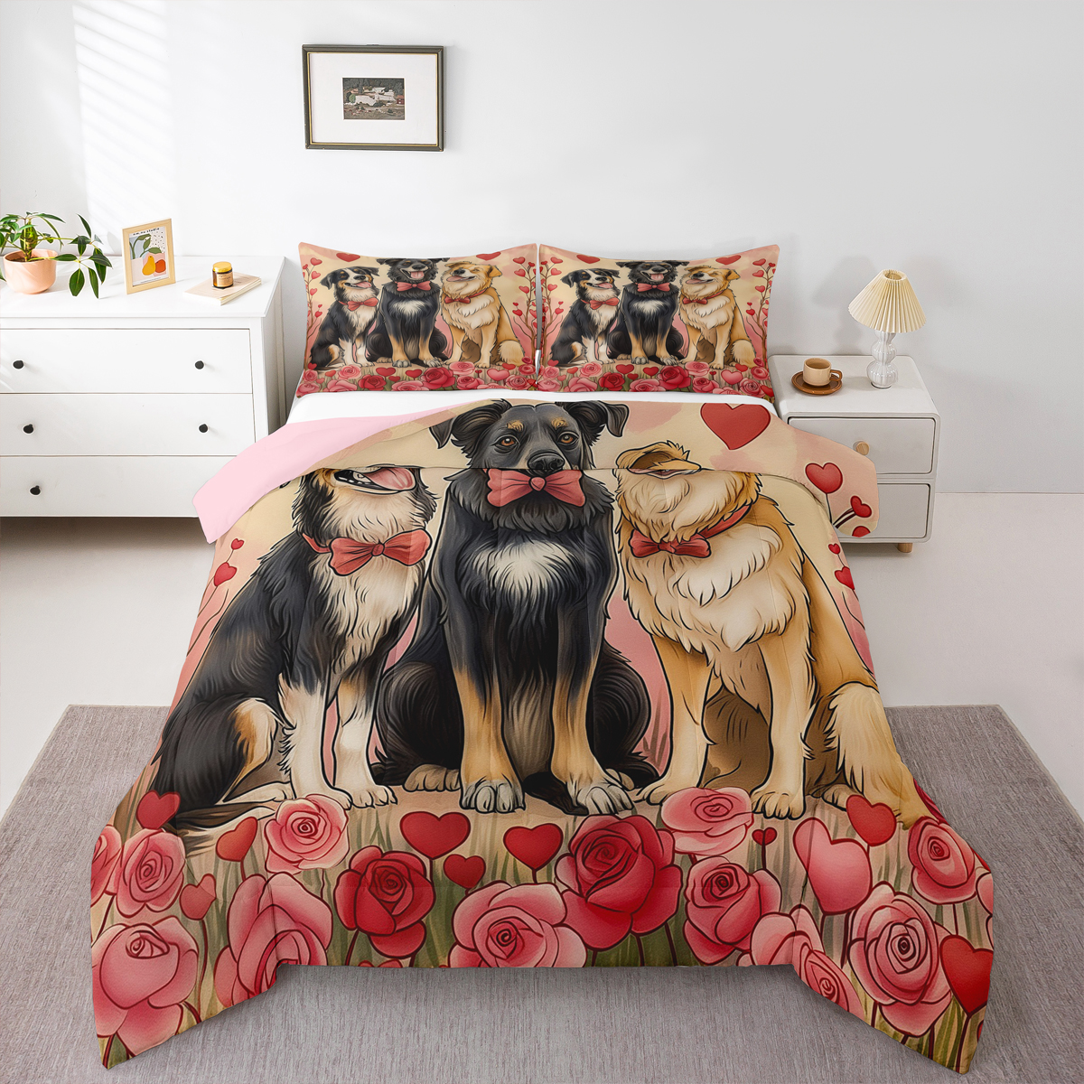 Manfei Kawaii Puppy Dogs Queen Comforter Set,Romnatic Flower Floral ...