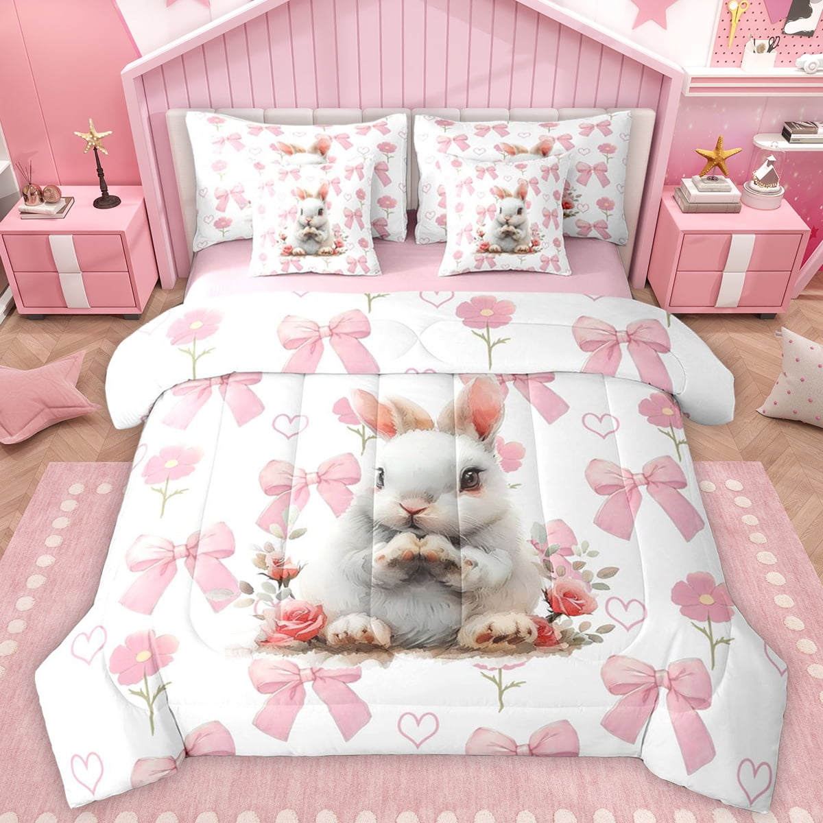 Manfei Kawaii Rabbit Kids Bedding Comforter Set 7pcs, Pink Princess Bow ...