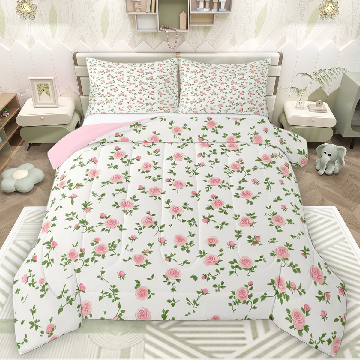 Manfei Kawaii Rose Floral Queen Comforter Set for Kids, Cartoon Boho ...