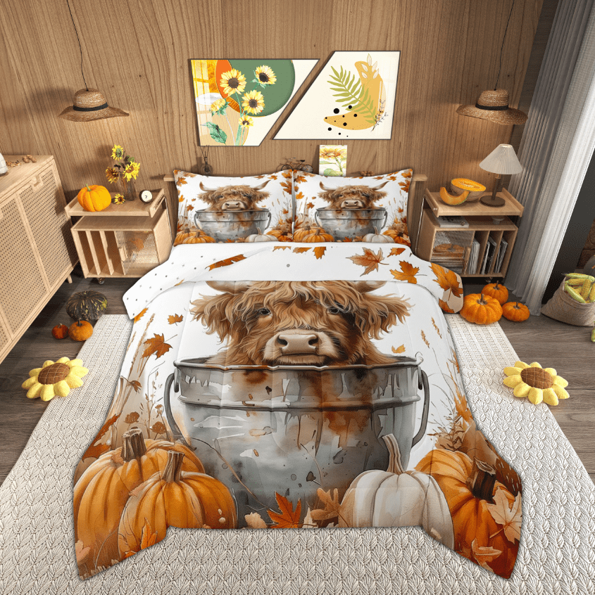 Manfei Kawaii Rustic Cow Queen Comforter Set for Kid, Autumn Maple ...