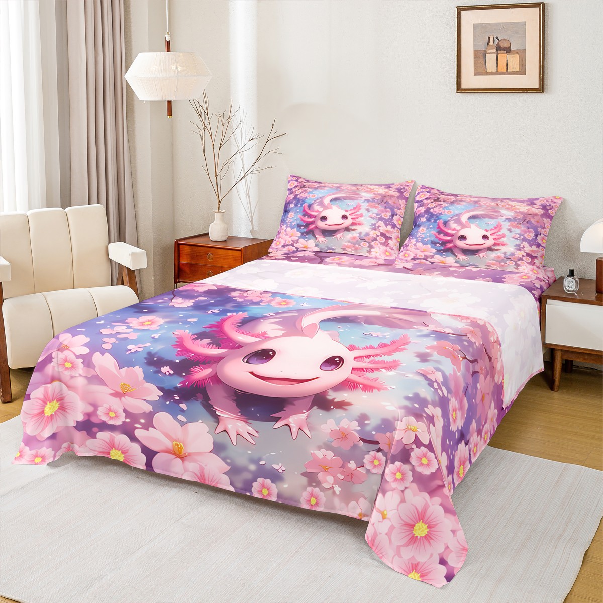Manfei Kawaii Salamander Axolotl Queen Sheet Sets,Magic Ocean Animal ...