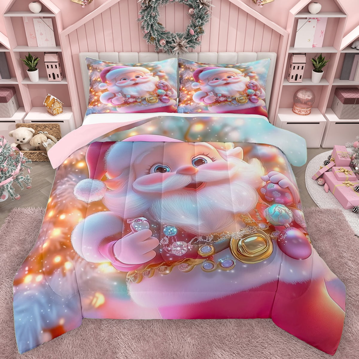 Manfei Kawaii Santa Claus Bedding Comforter Set for Girl, Dreamy ...