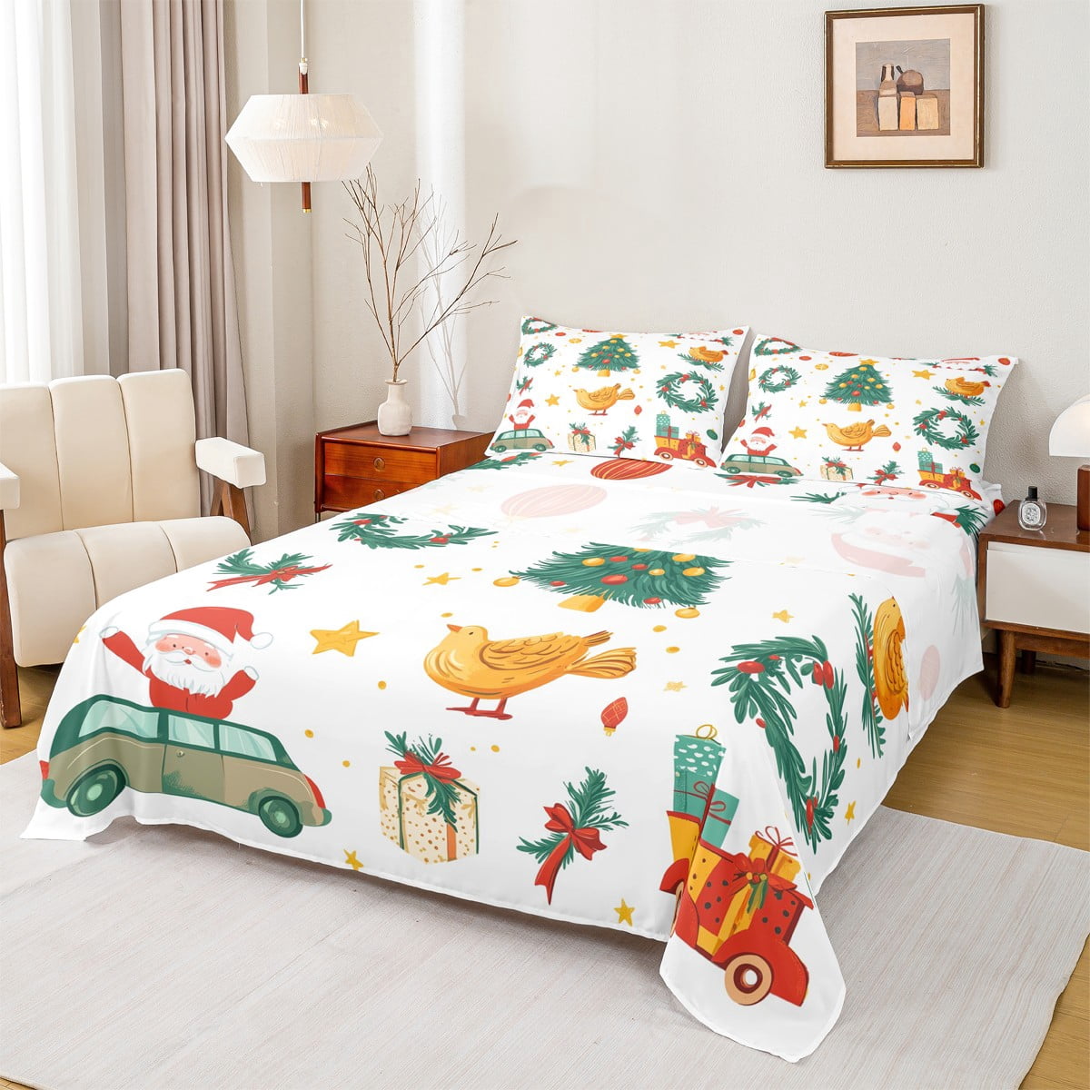 Manfei Kawaii Santa Claus Full Size Sheets,Cartoon Christmas Wrearh ...
