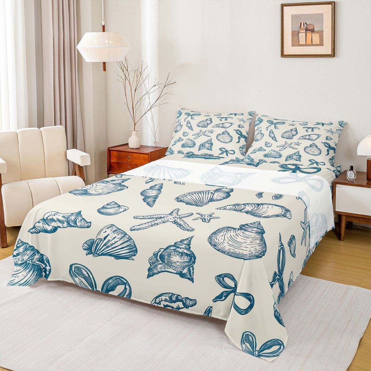 Homewish Kawaii Seashell Starfish Bed Sheets, Cute Marine Sealife King ...