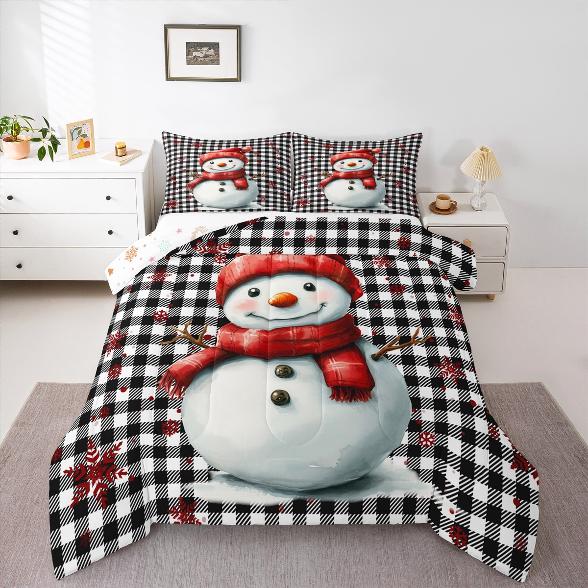 Manfei Kawaii Snowman Queen Comforter Set for Kids, Snowflake Buffalo ...