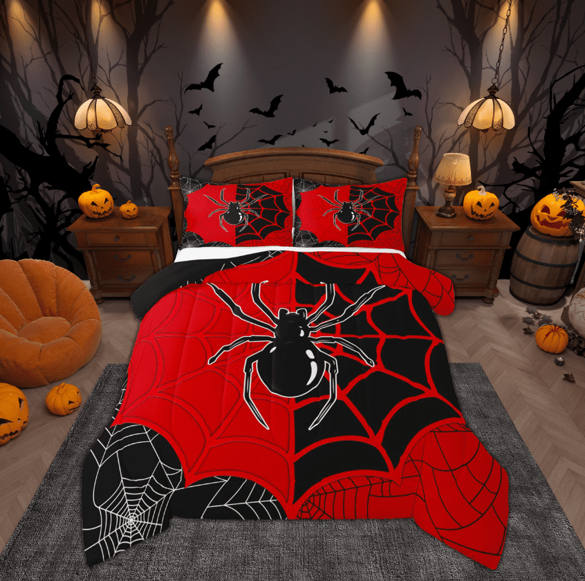 Manfei Kawaii Spider Bedding Full Comforter Set, Black Red Down ...