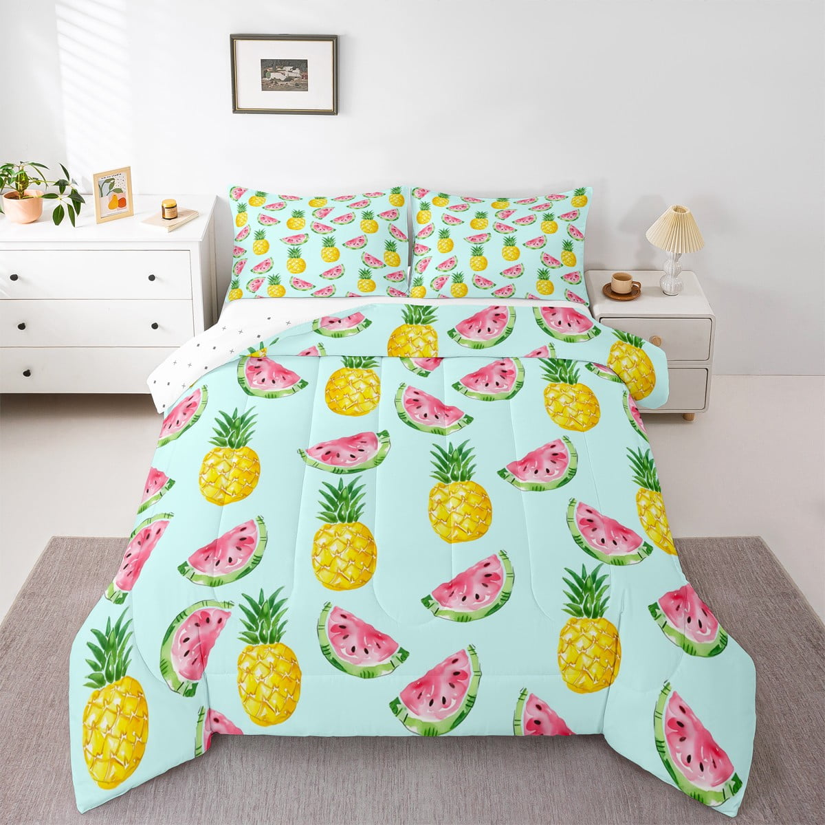 Manfei Kawaii Watermelon Pineapple Queen Comforter Set, Cartoon Fruit ...