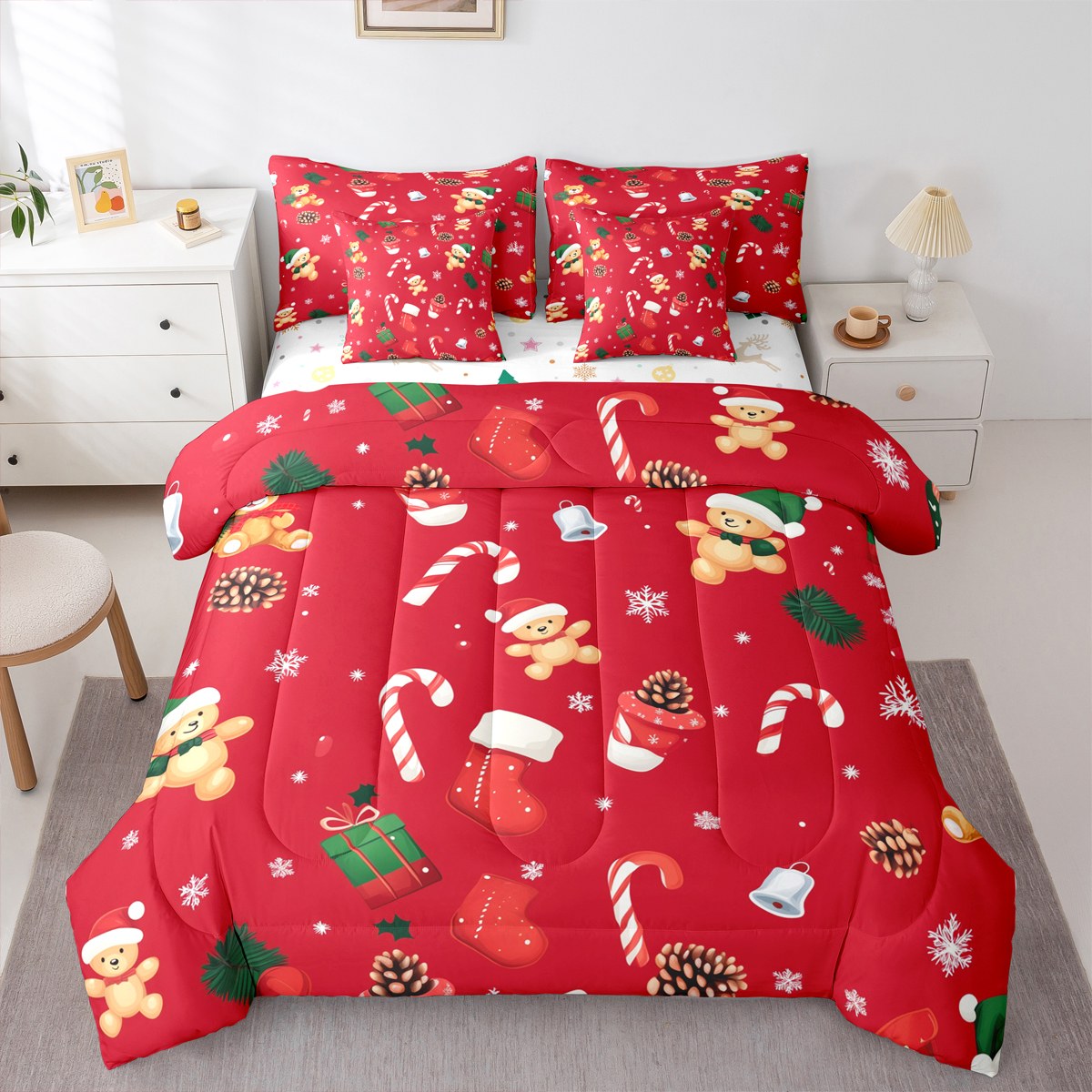 Manfei Kawaii Xmas Bear 7-Piece Twin Bedding Sets,Christmas Candy Cane ...