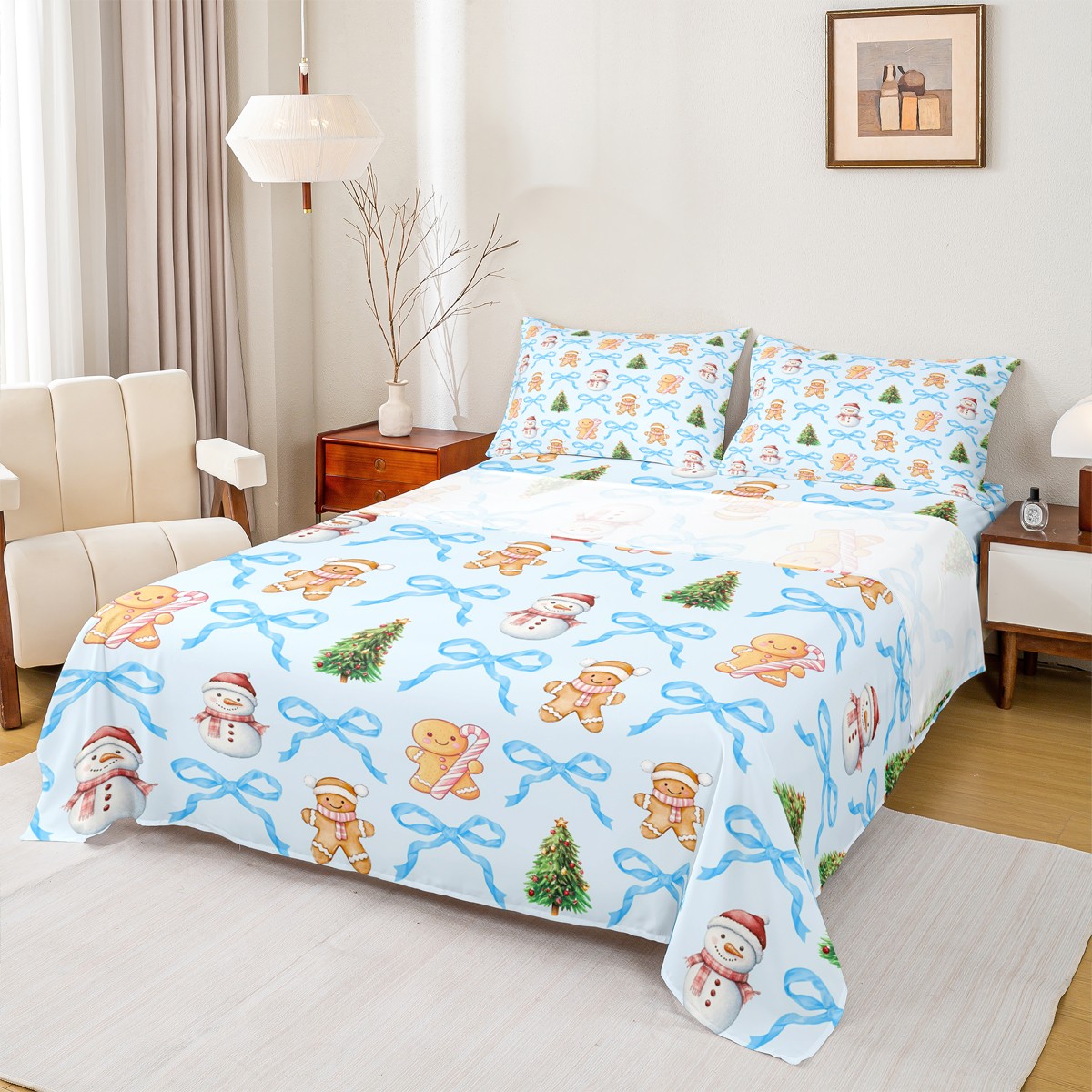 Manfei Kawaii Xmas Snowmen Full Size Sheets,Ribbon Bow Tie Bed Sheets ...