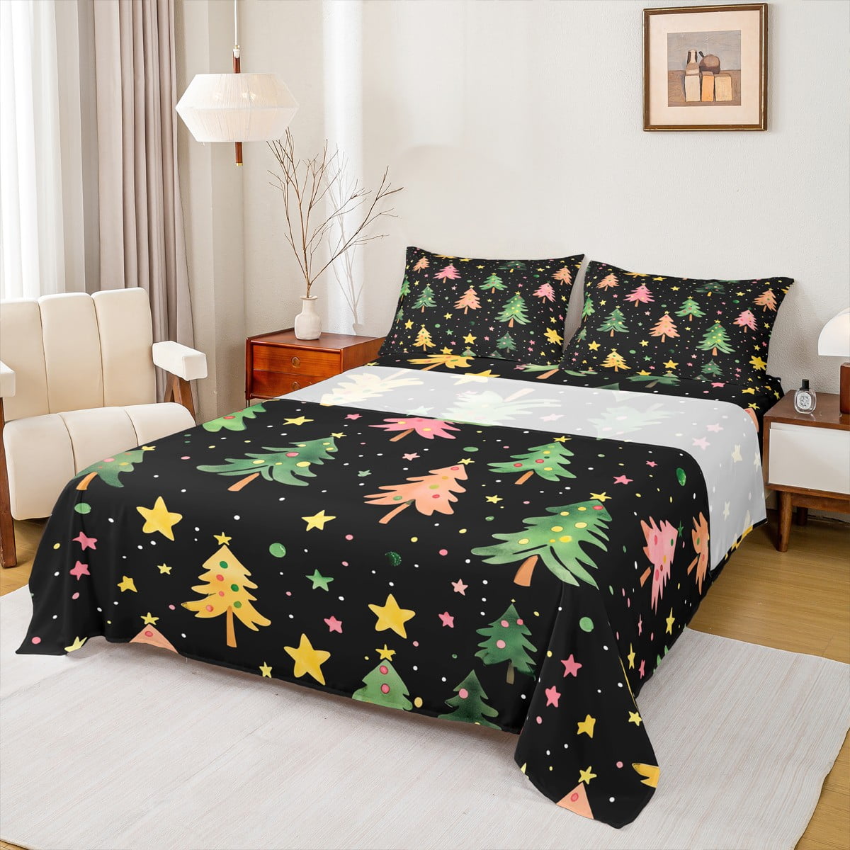 Manfei Kawaii Xmas Tree Bed Sheets,Colorful Graffiti Stars King Sheets ...