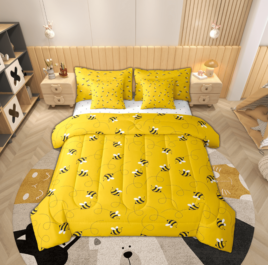 Manfei Kawaii Yellow Bee Bedding Comforter Set 7pcs, Abstract Lines ...