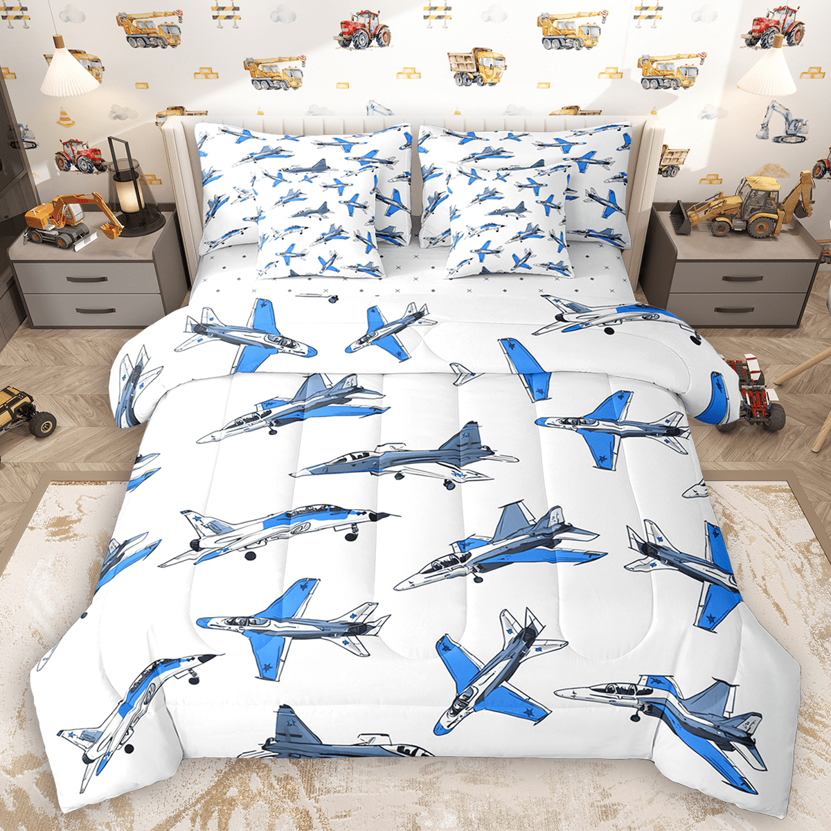 Manfei Kids Blue Aircraft Bedding Comforter Set 7-Piece, Cartoon ...