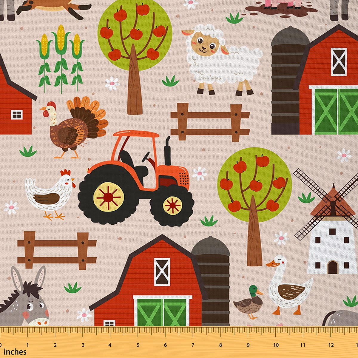 Manfei Kids Cartoon Farmhouse Fabric by the Yard (1 Yard), Tree Tractor ...