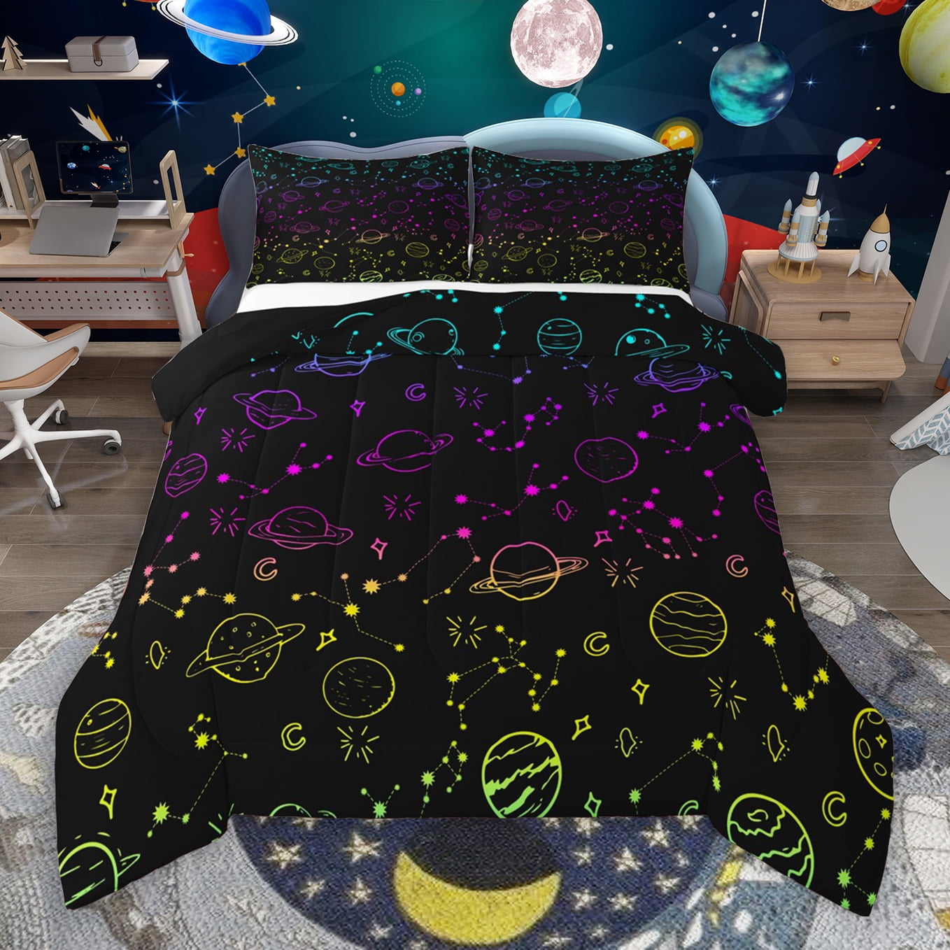 Manfei Kids Cartoon Planet Queen Comforter Set, Mystic Galaxy ...