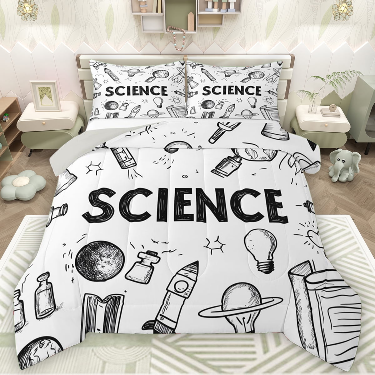 Manfei Kids Chemistry Bedding Comforter Set, White Black Graffiti Twin ...