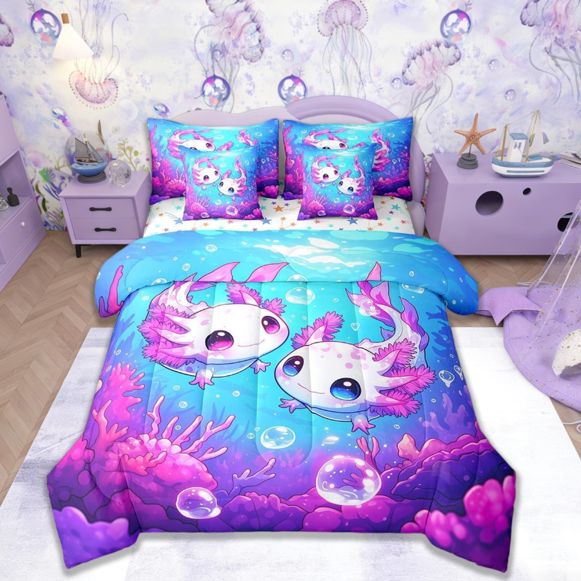 Manfei Kids Cute Axolotl 7-Piece Twin Bedding Sets,Ocean Sealife ...